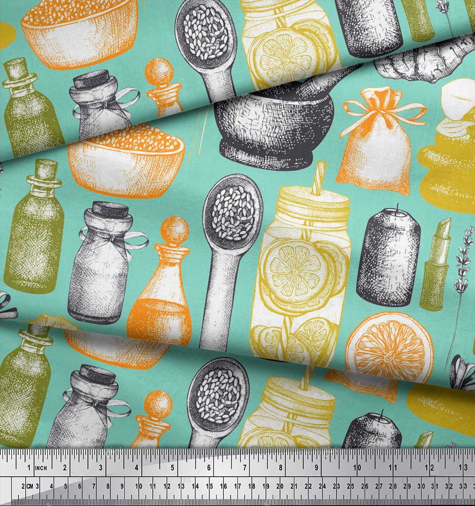 Soimoi Crepe Silk Fabric Ginger,Jar & Mortar and Pestle Kitchen Print ...
