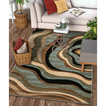 Hudson Waves Blue Brown Geometric Modern Casual Area Rug Easy to Clean ...
