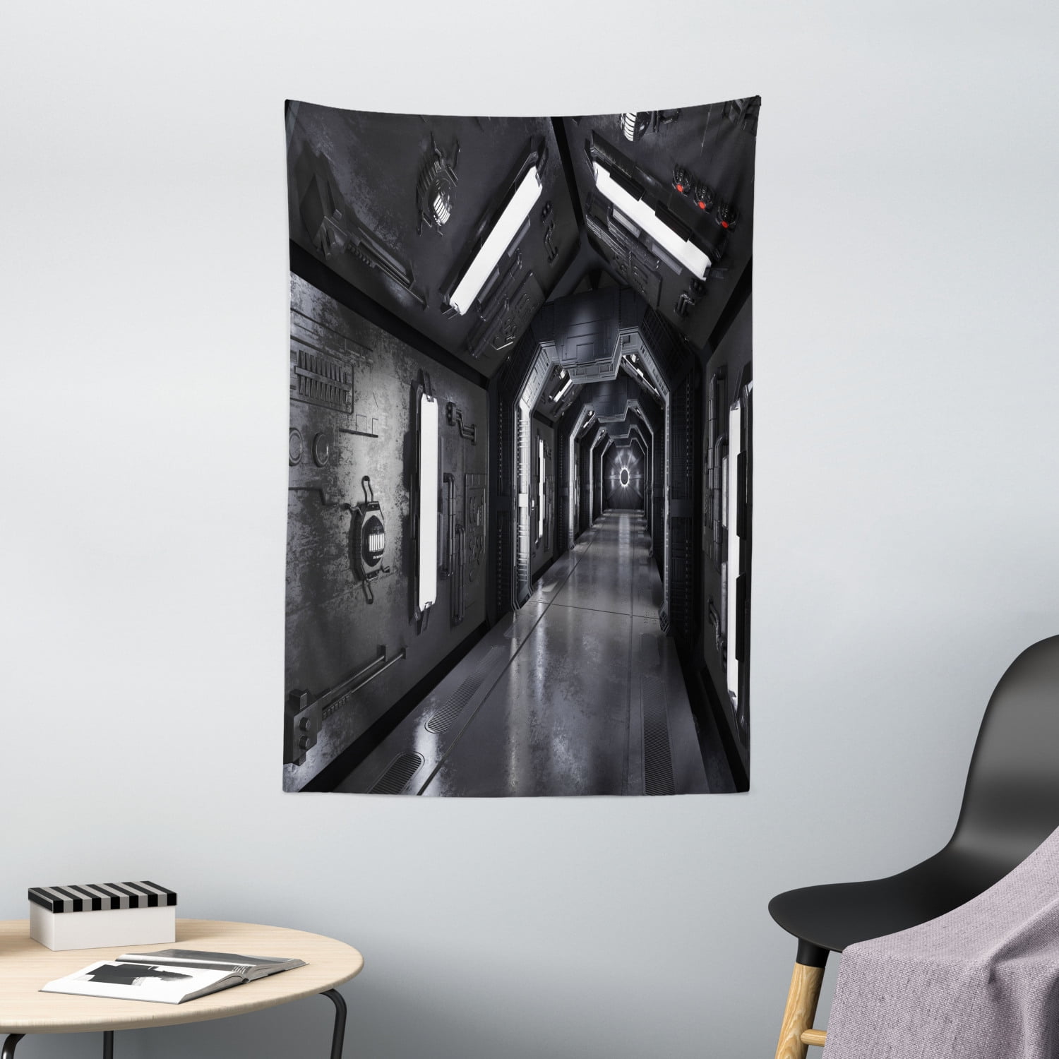 Outer Space Tapestry, Dark Futuristic Corridor of Spaceship Adventure ...