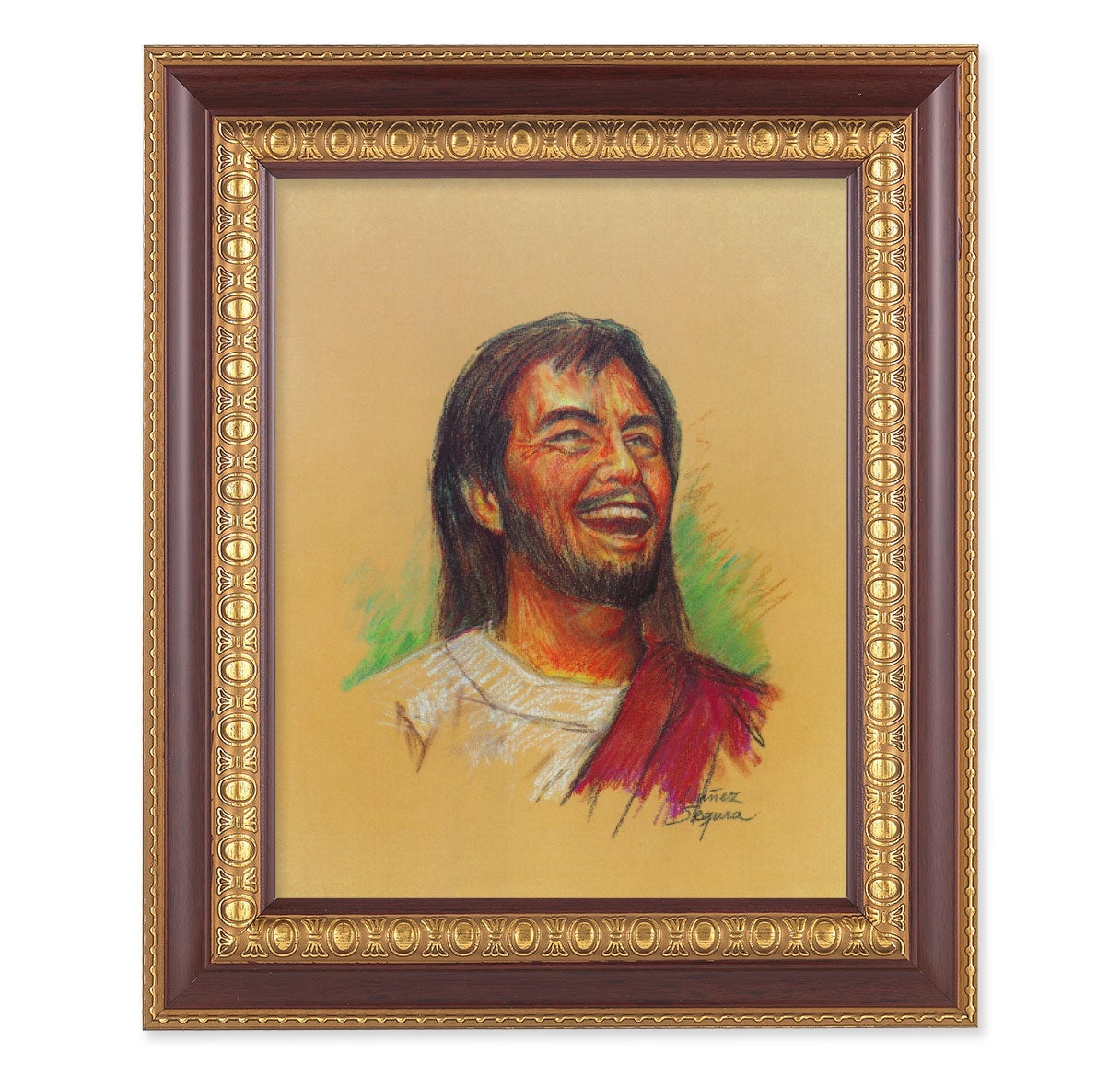 Laughing Jesus Picture Framed Wall Art Decor Large, Dark Cherry with ...