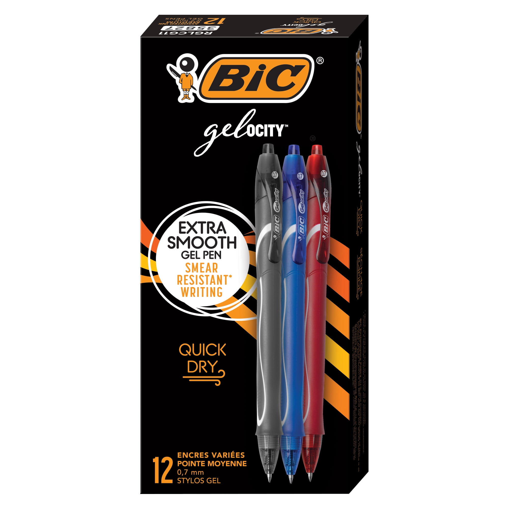 Bic Gelocity Quick Dry Retractable Jel Pens Medium Point 07mm Red Black Blue 12 Count