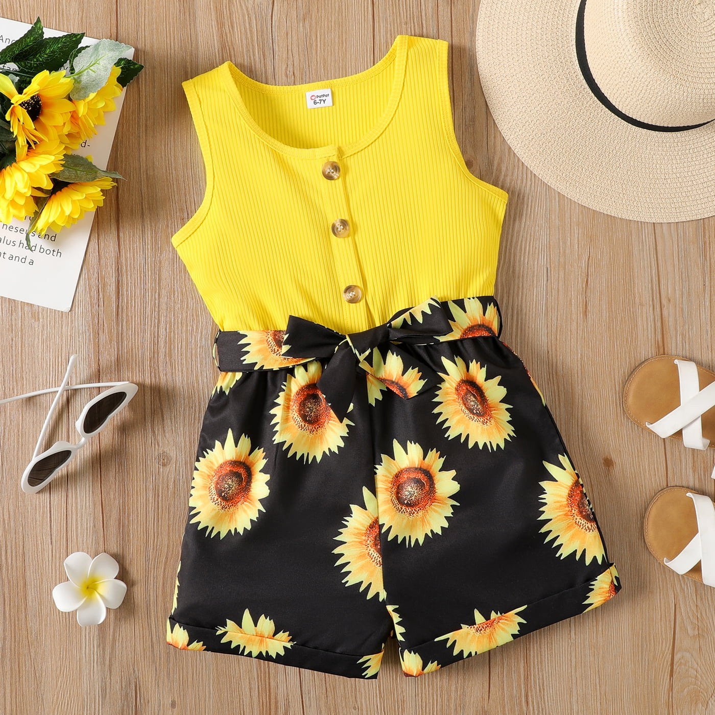 PatPat Kid Girl Floral Print Ribbed Splice Button Design Sleeveless ...
