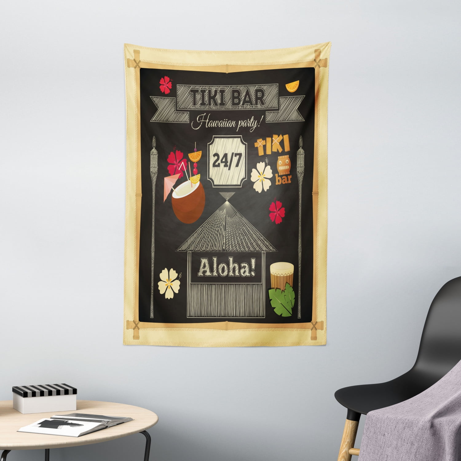 Hawaii Tapestry, Traditional Tiki Bar Poster Design with Coconut Drink ...