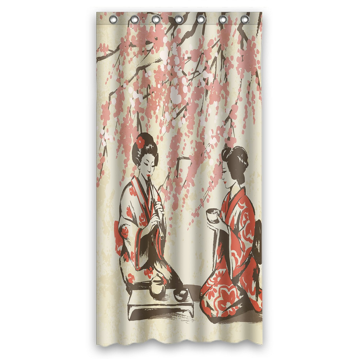 Phfzk Asian Shower Curtain Japanese Lady Wearing Kimono With Cherry