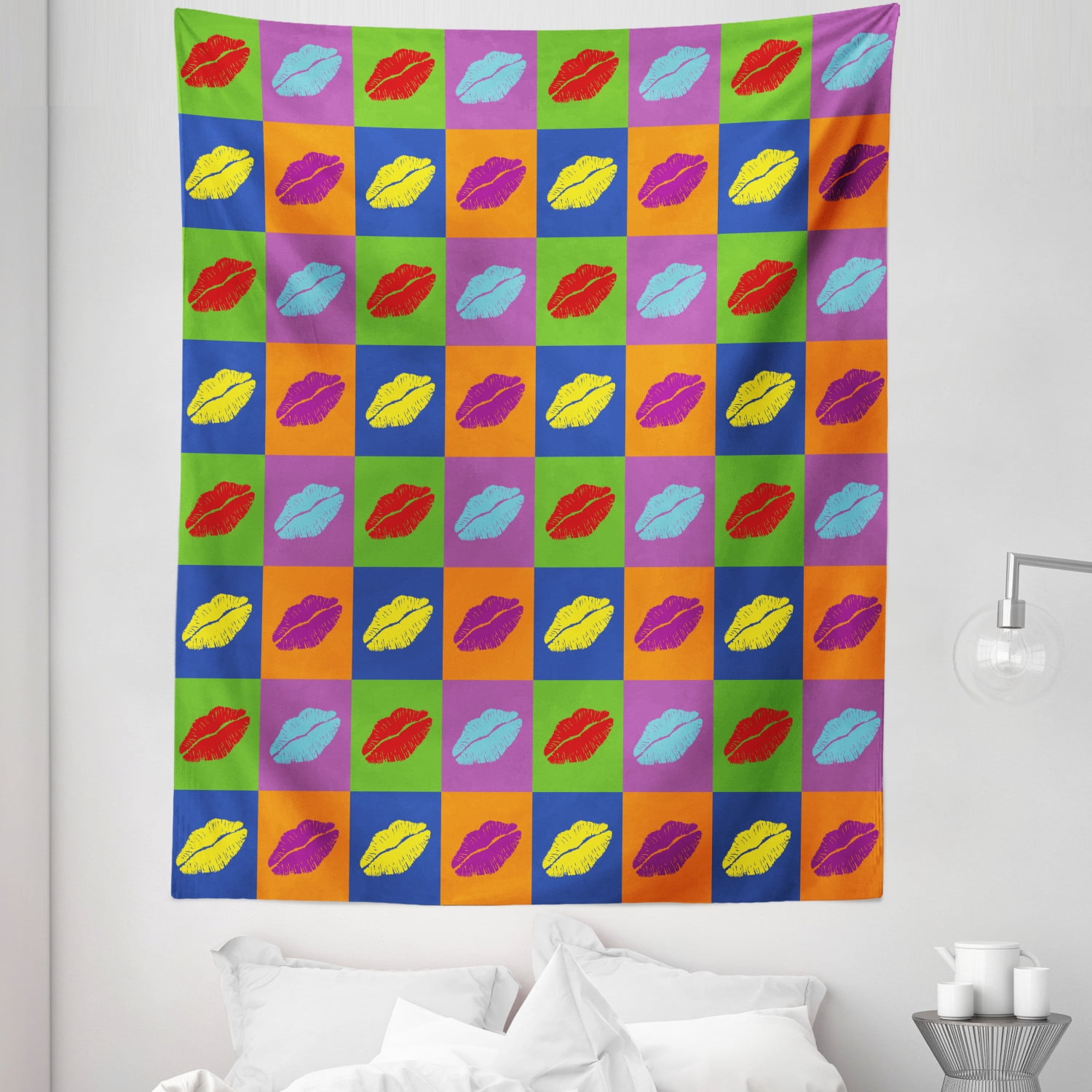Kiss Tapestry, Pop Art Style Lipstick Kisses on Vibrant Colored Squares ...