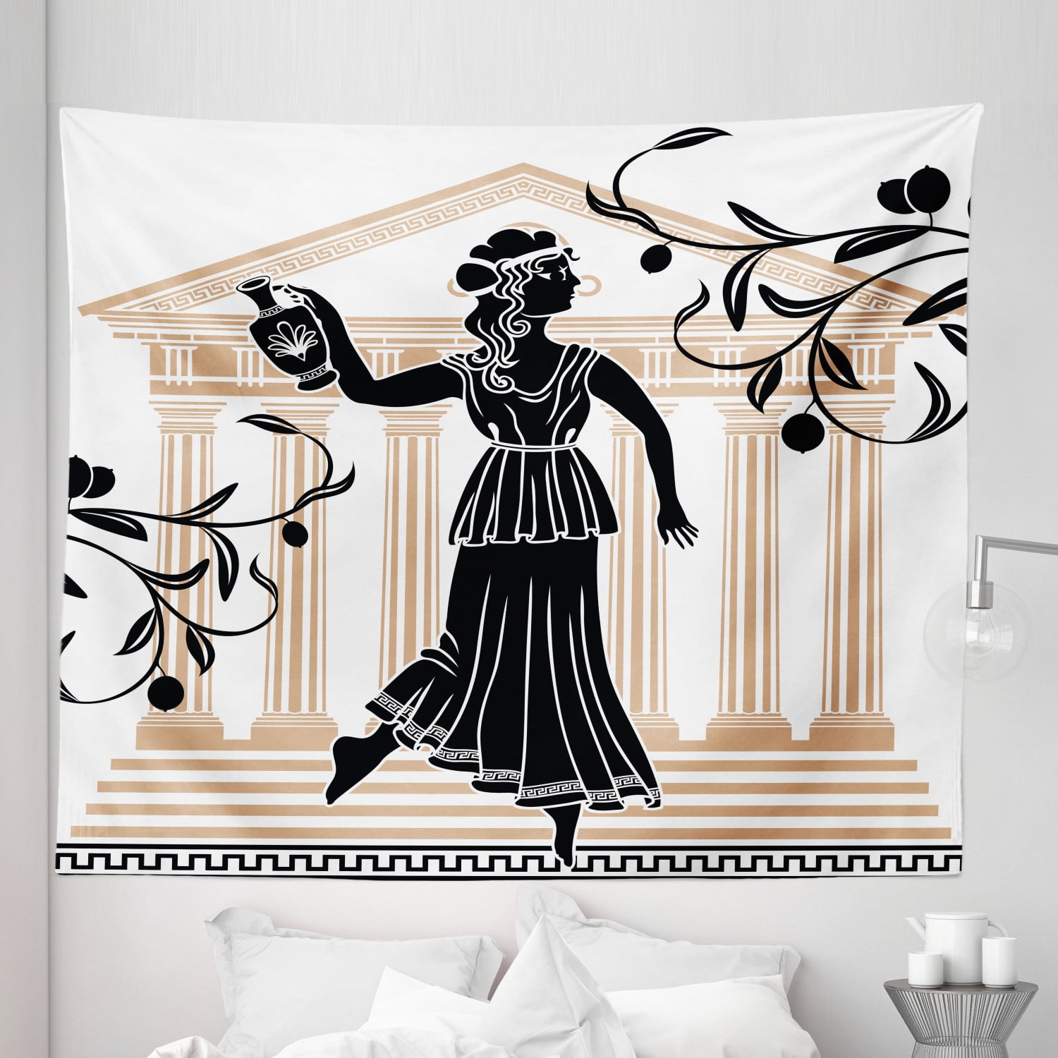 Retro Tapestry, Greek Woman with Amphora Building and Olive Branches ...