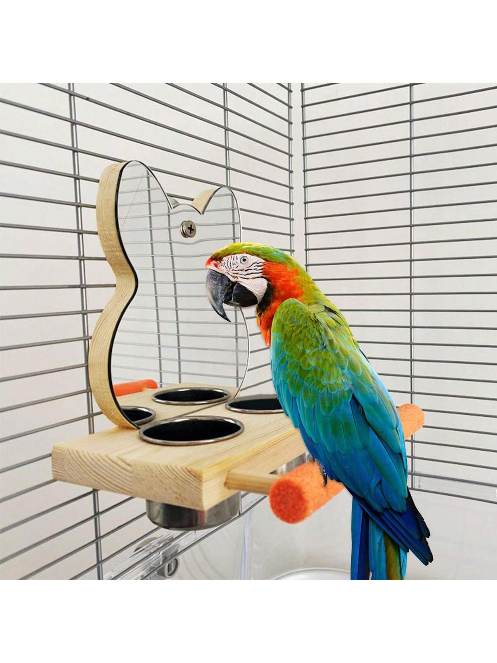 Stainless Steel Parrot Mirror Toy With Wooden Perch And Feeding Cups ...