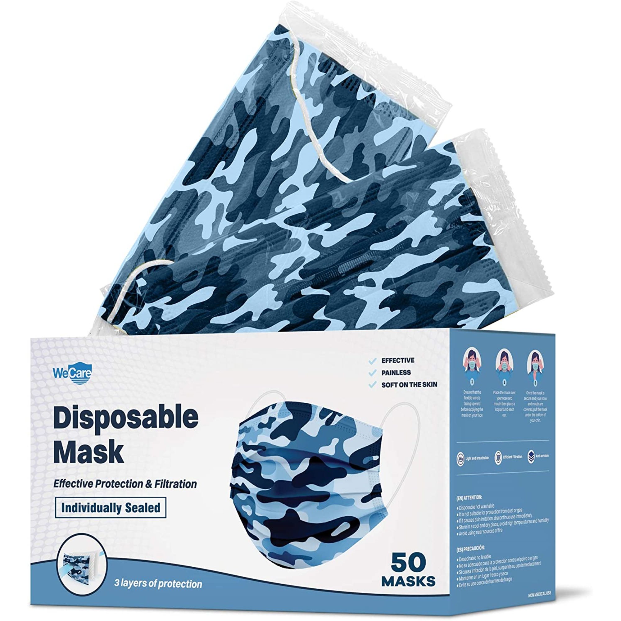 Disposable Face Masks 3-Ply Individually Wrapped , 50ct - Camo Blue ...
