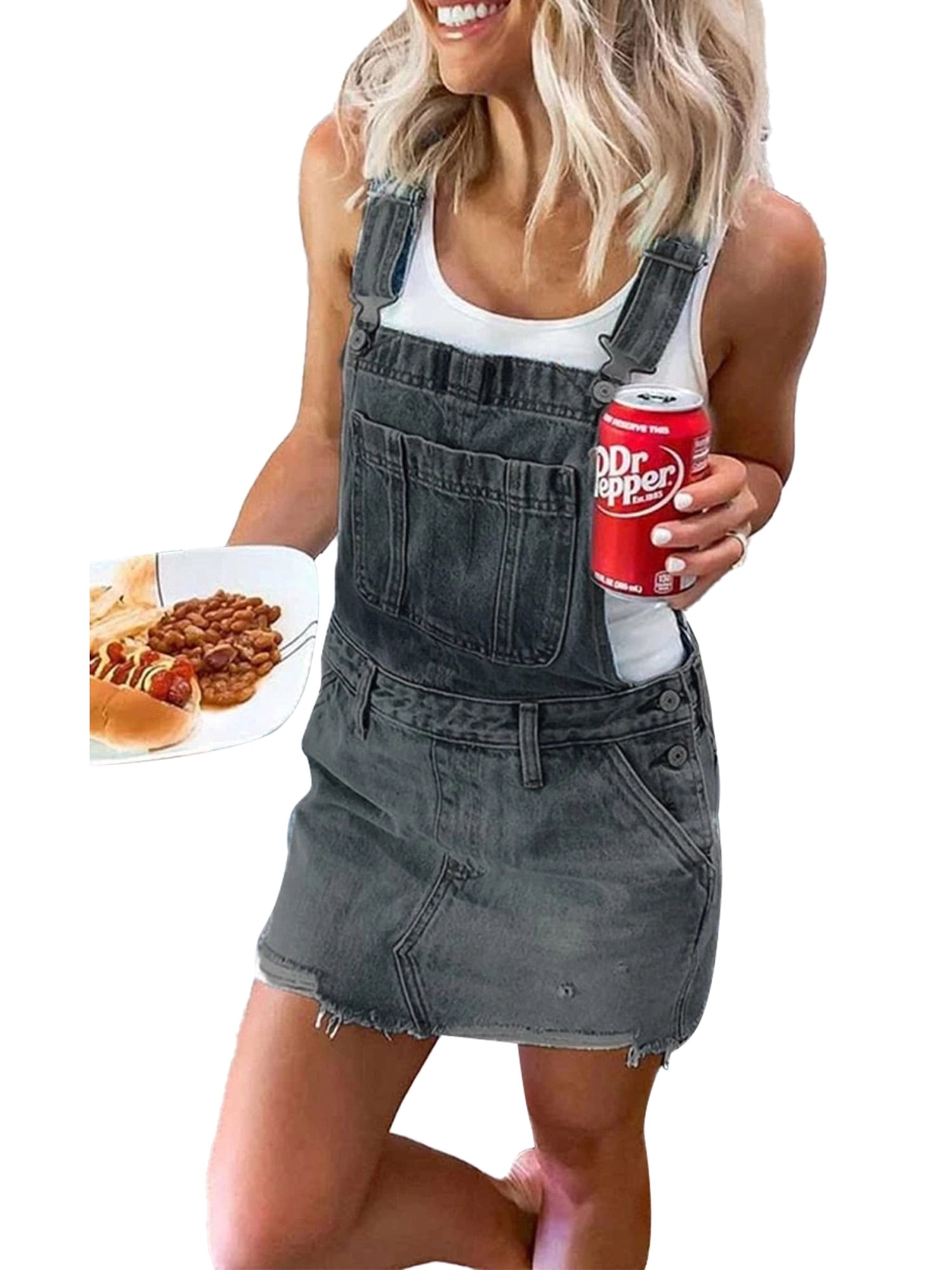 Huakaishijie Women Suspender Denim Overall Dress Casual Denim Dress ...