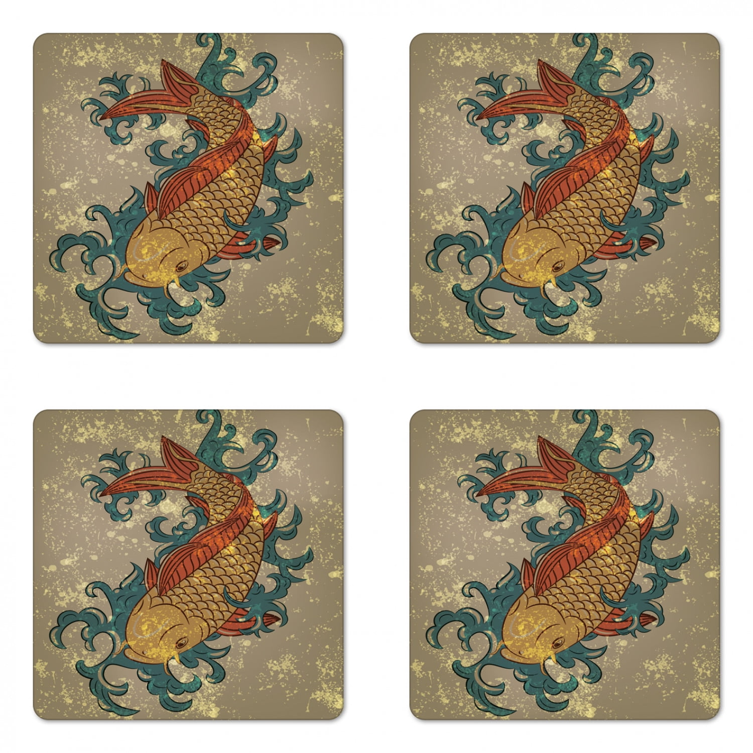 Japanese Coaster Set of 4, Grunge Style Oriental Water Koi Carp Fish ...