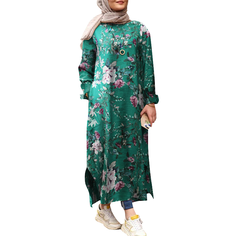 Zanzea Muslim Dress Women Multi Colors Long Sleeve Mid Calf Loose