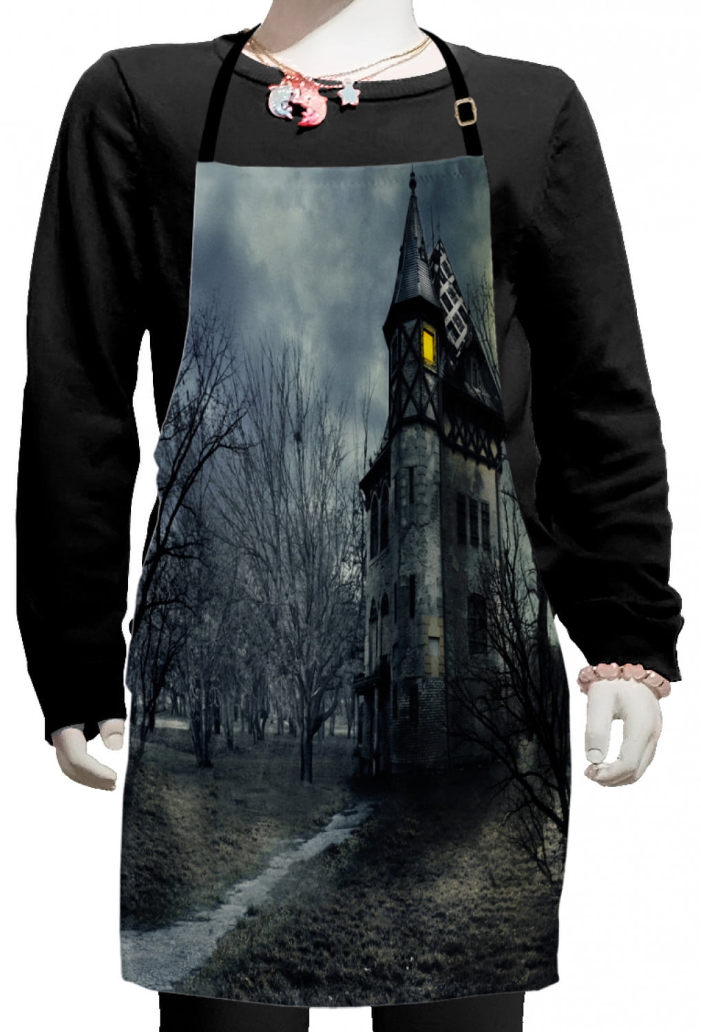 Halloween Kids Apron, Halloween Design with Gothic Haunted House Dark ...