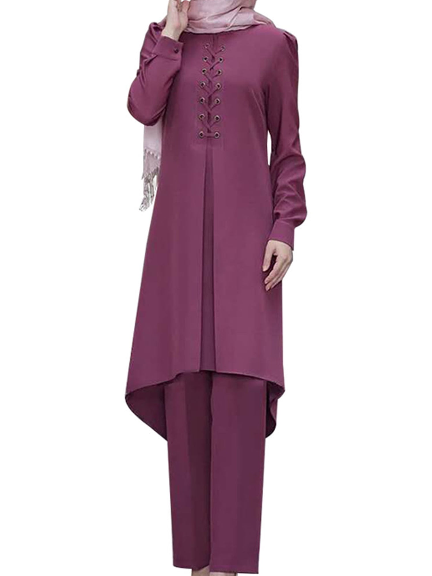 Pfysire Women Long Sleeve Lace Up Muslim Suit Tops Pants Prayer Set ...