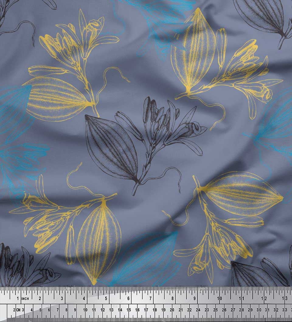 Soimoi Blue Viscose Chiffon Fabric Leaves & Sketch Floral Print Fabric ...