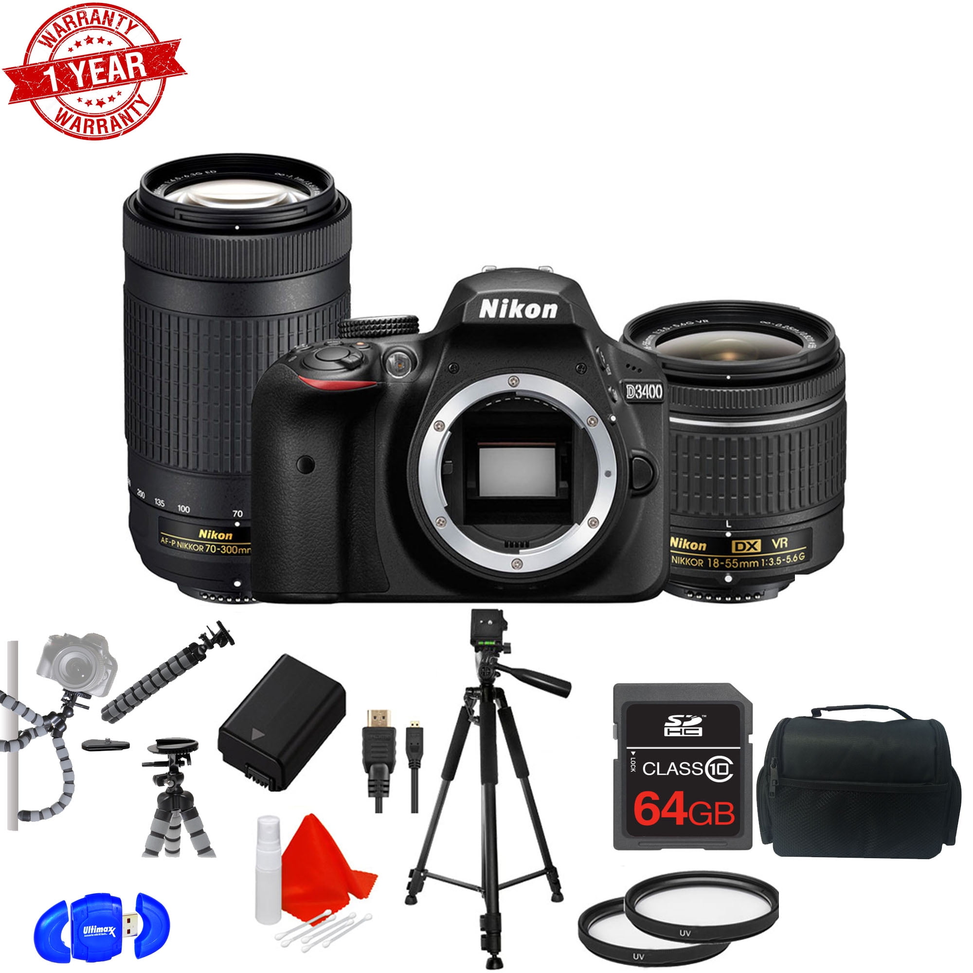 Nikon D3400 24.2MP DX DSLR Camera w/ AF-P 18-55mm VR & 70-300mm Dual Lens 64GB Bundle | Walmart ...