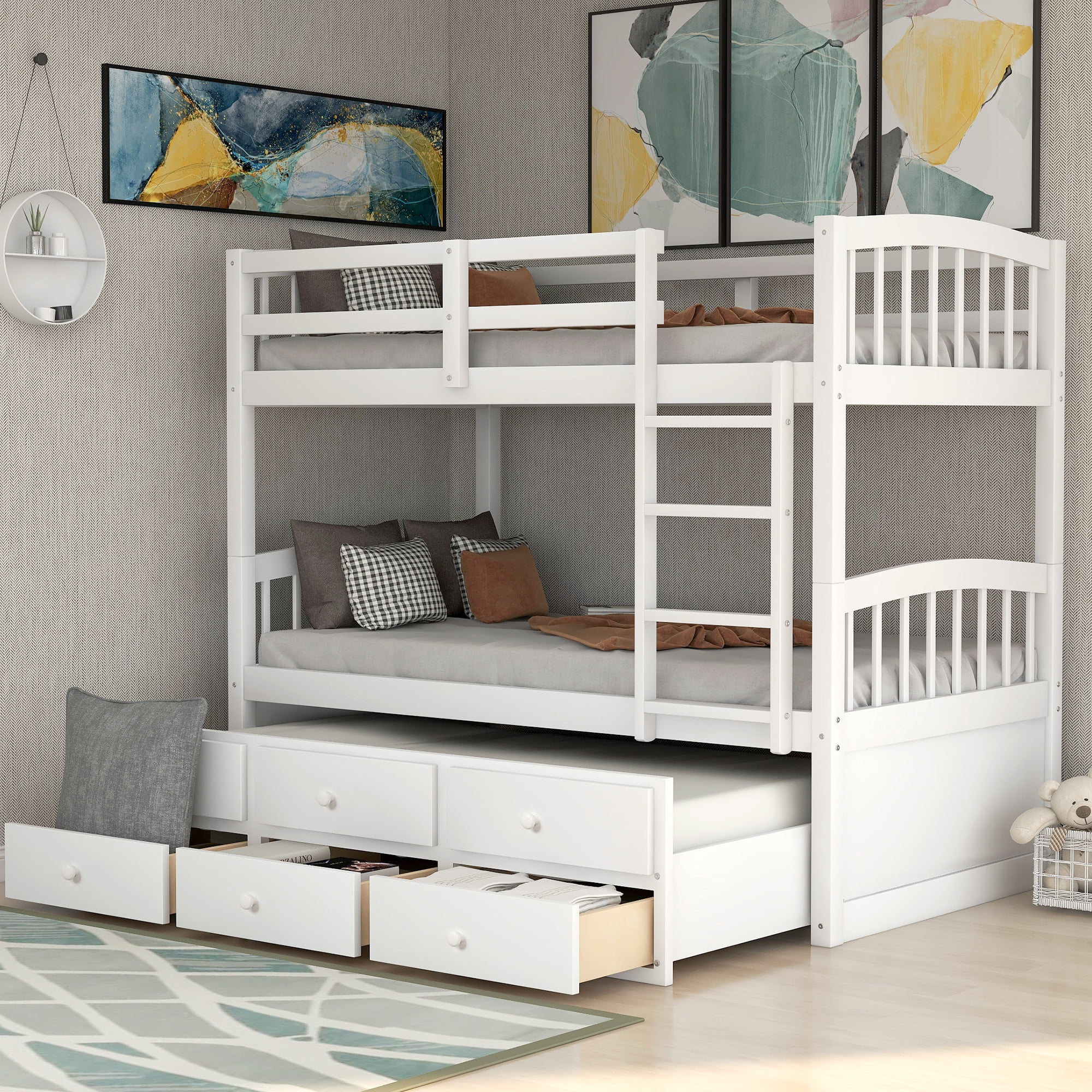White Twin Bunk Bed with Ladder, Safety Rail, Twin Trundle Bed with 3 ...