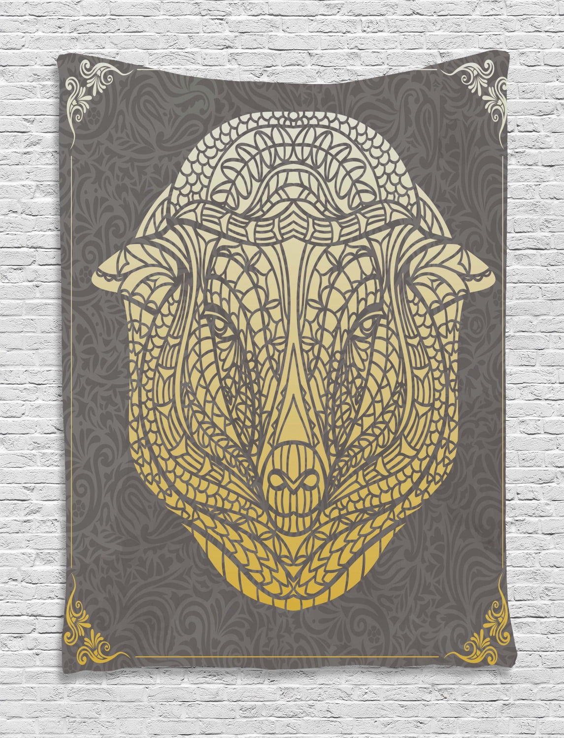 Sheep Tapestry, Geometric Floral Ornamental Sheep Head Pattern in ...