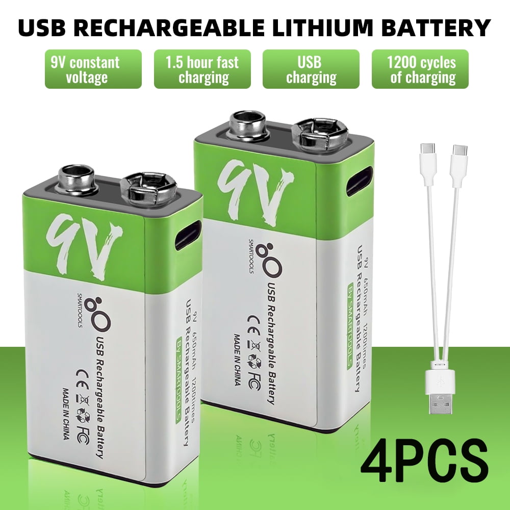 MDHAND 9V Battery 650mAh Lithium Li-ion Rechargeable Long-lasting Power ...