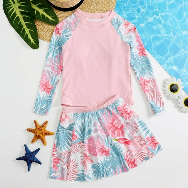GYRATEDREAM 2-12Y Girls Long Sleeve Rashguard UPF 50+ Two Piece ...