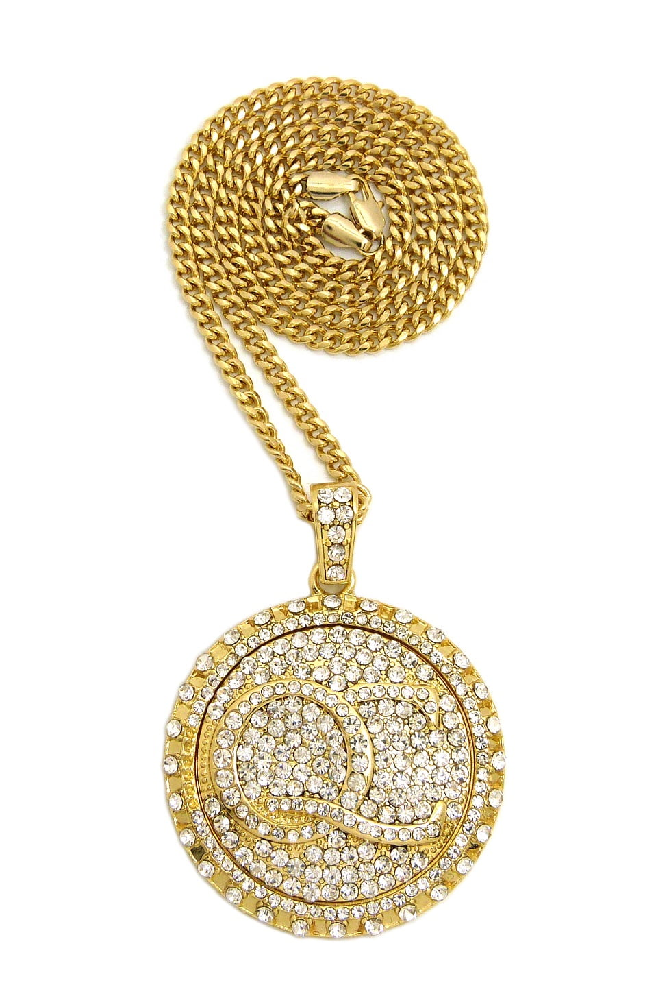 Stone Stud Initials QC Spinner Pendant with 4mm Cuban Chain Necklace ...