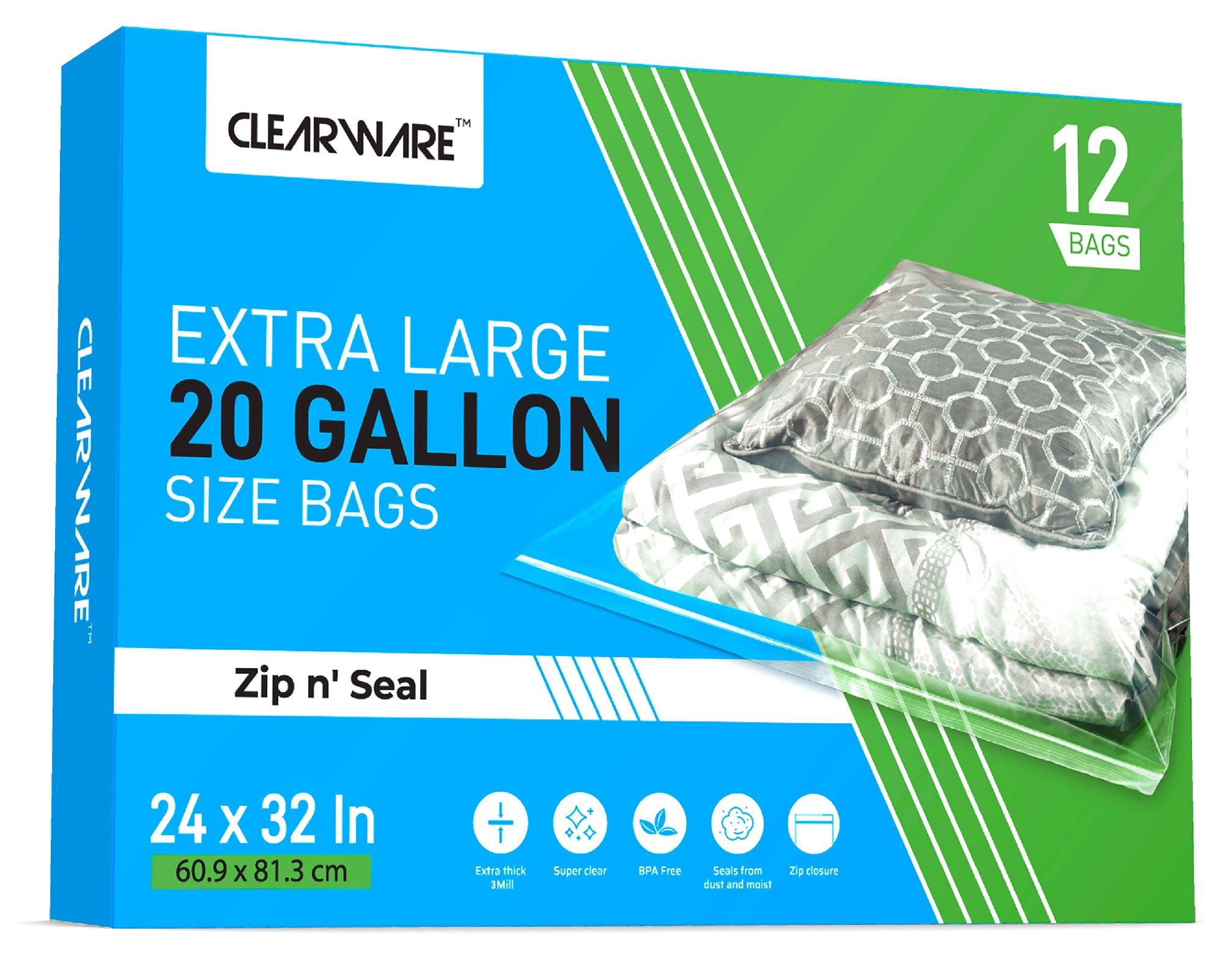 12 Count - Large Plastic Bags With Zipper Top, 20 Gallon Size 24" x 32 ...