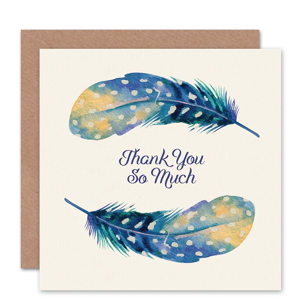 Thank You Feather Set Watercolour Paint Blue Yellow Greetings Card Plus ...