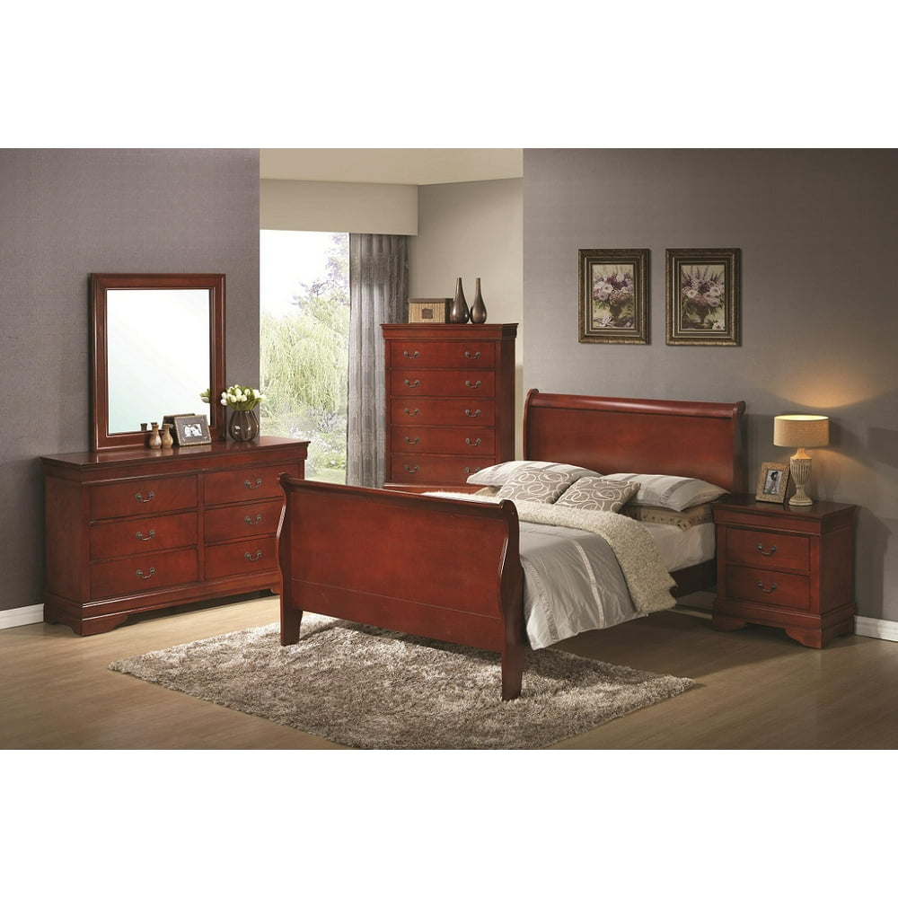 Contemporary Louis Philippe Bedroom 4pc Set in Rich Cherry Queen Size ...