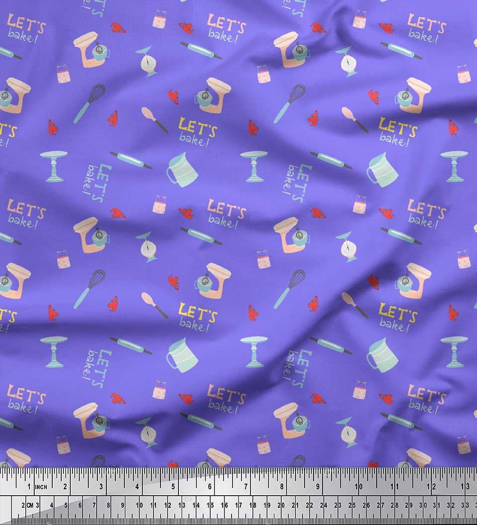 Soimoi Purple Silk Fabric Lets Bake Kitchen Print Fabric by the Yard 42 ...