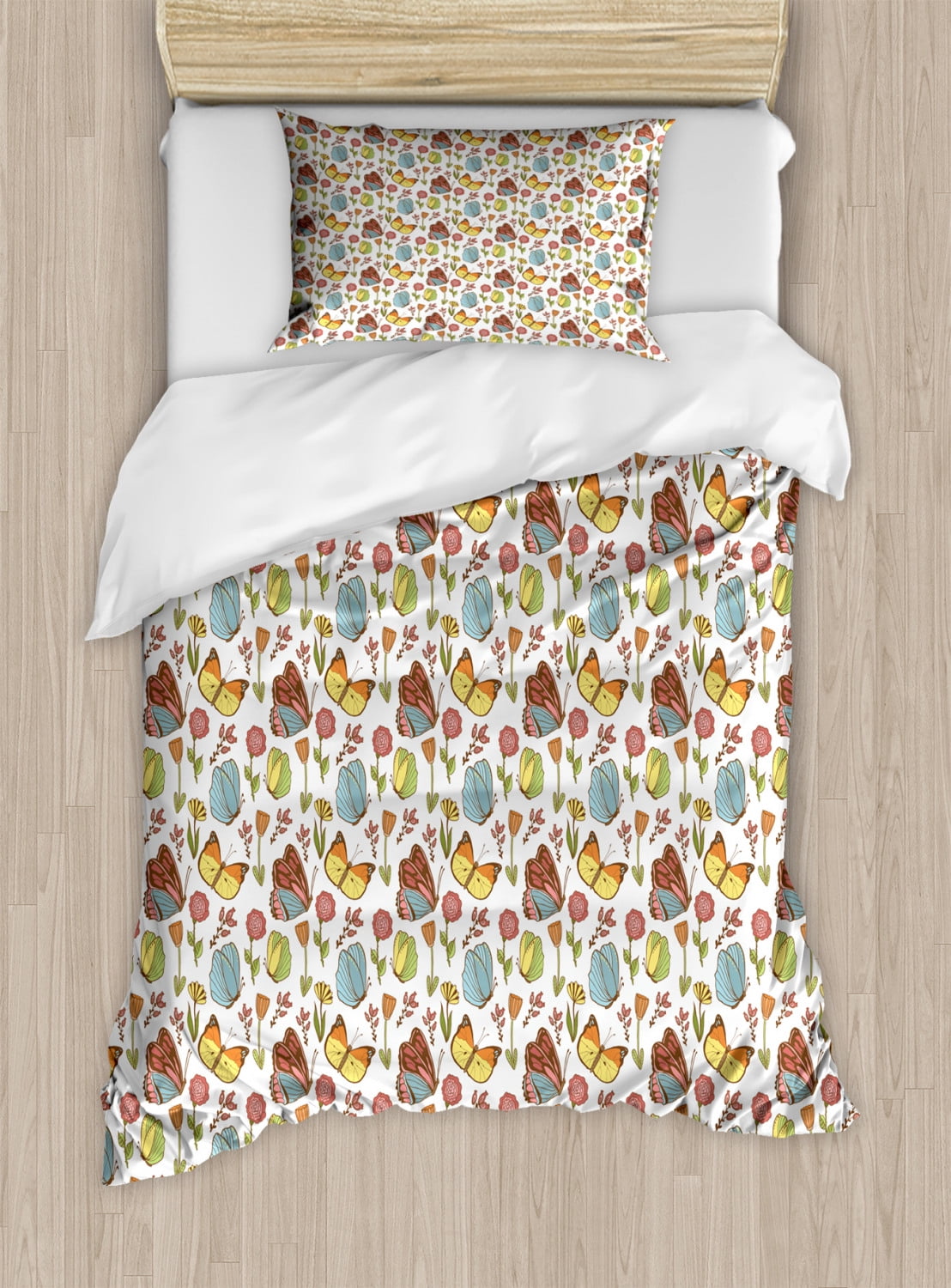 Floral Twin Size Duvet Cover Set, Flappy Butterflies Flying Among Hand ...
