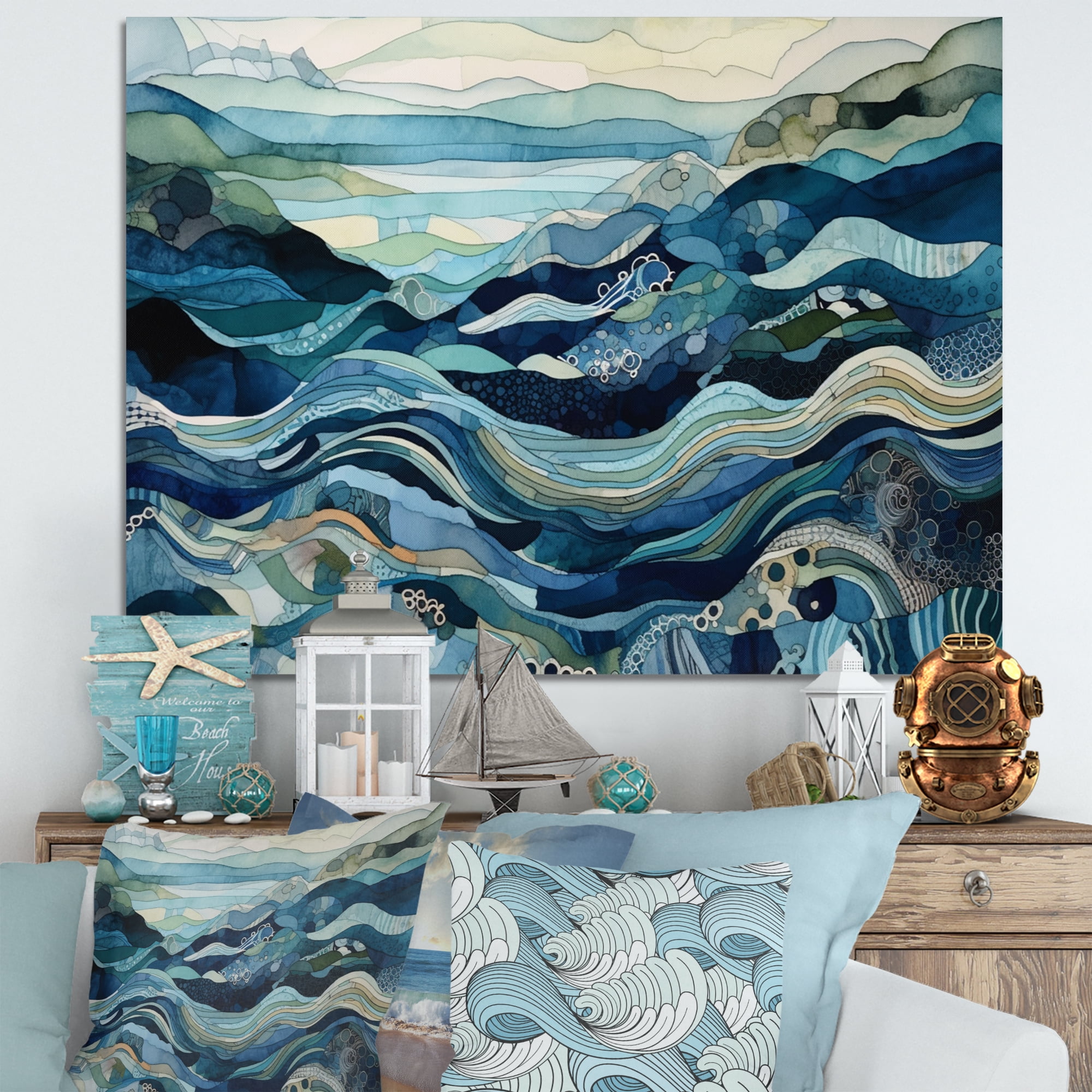 Click here for Designart Waves Wall Art  Gilded Azure Waves  Abst... prices