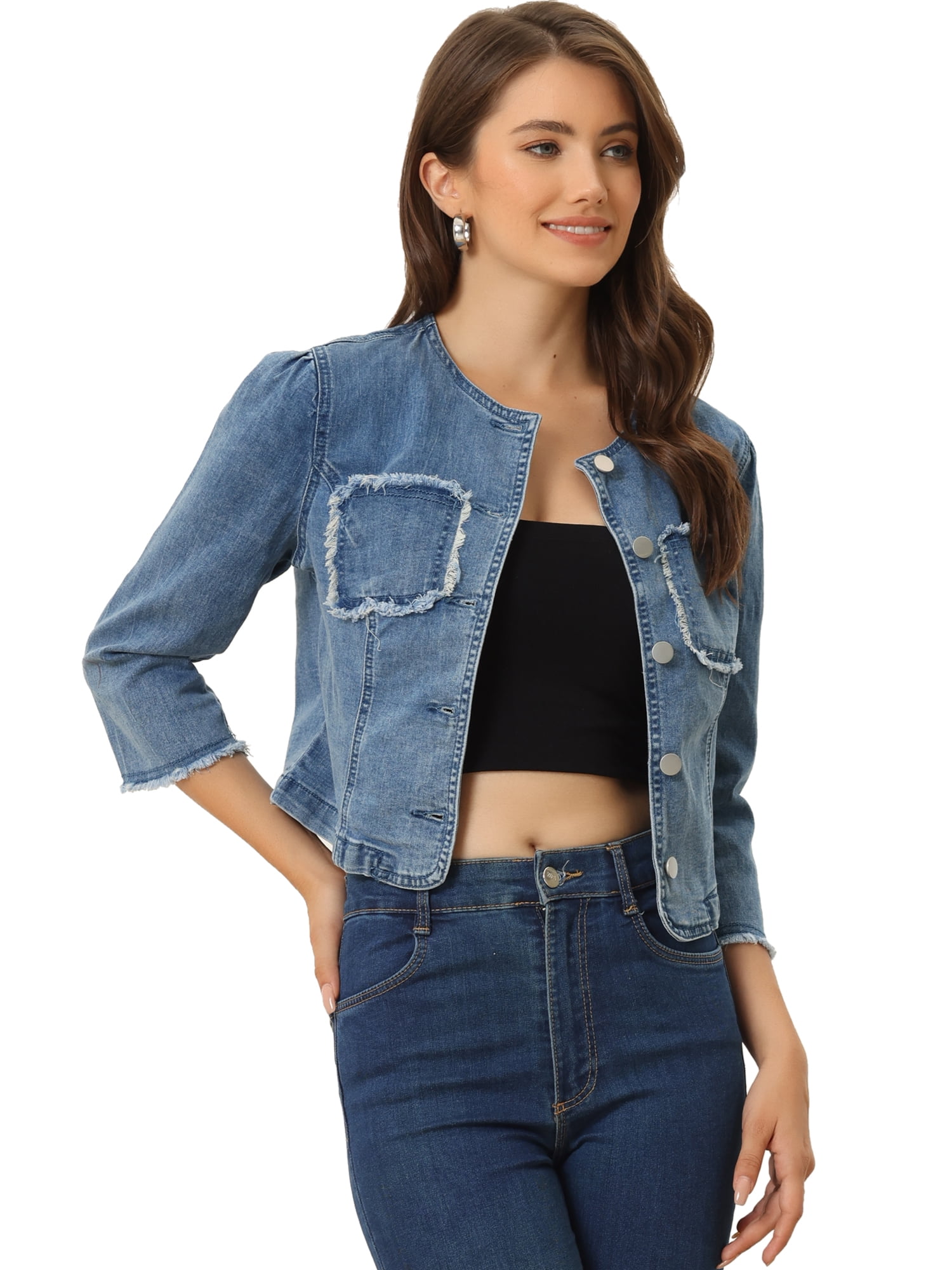Chaqueta corta de mezclilla para Mujer Allegra K Cuello Redondo Mangas ...