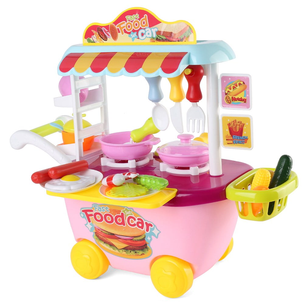 Serve N Go Kid's Kitchen Food Cart on Wheels Pretend Toy Playset ...