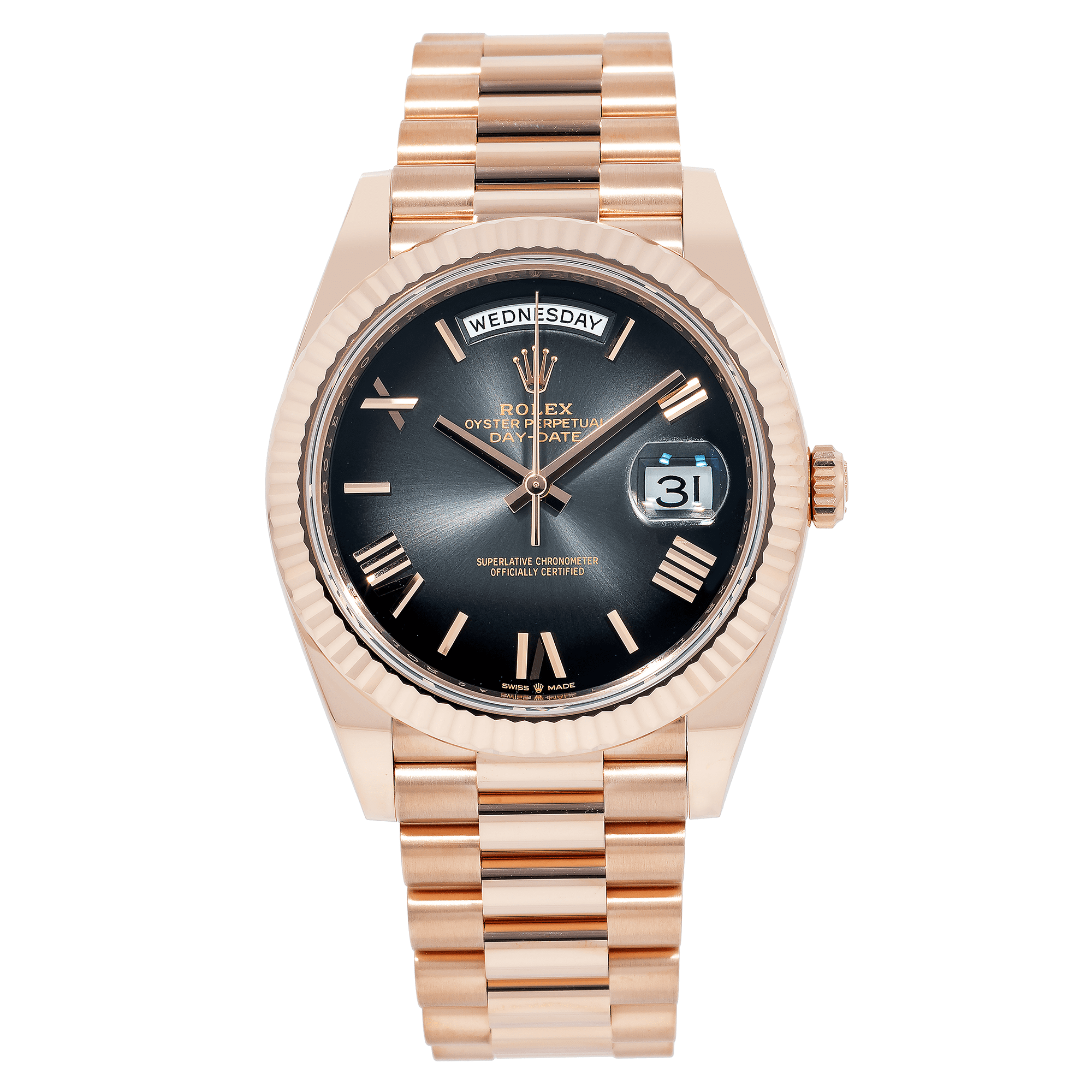 Pre-Owned Rolex Day-Date 40MM 228235 Black Roman Dial Fluted Bezel 18K ...
