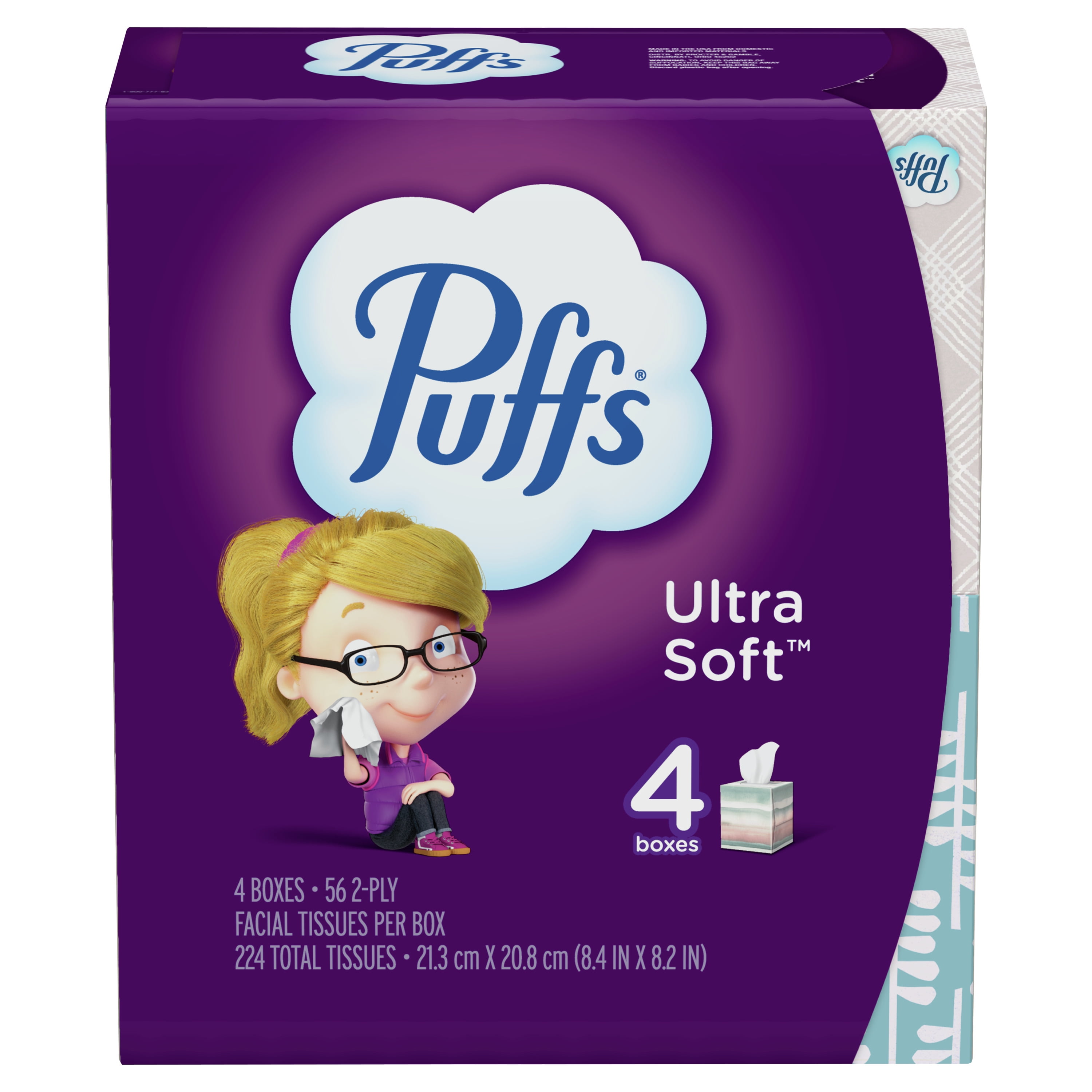 Puffs Ultra Soft Facial Tissues, Cube, 56 Facial Tissues Per Box, 4 ...