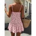 Pink Polka Dot V-Neck Sleeveless Ruched Mini Dress With Floral Decor ...
