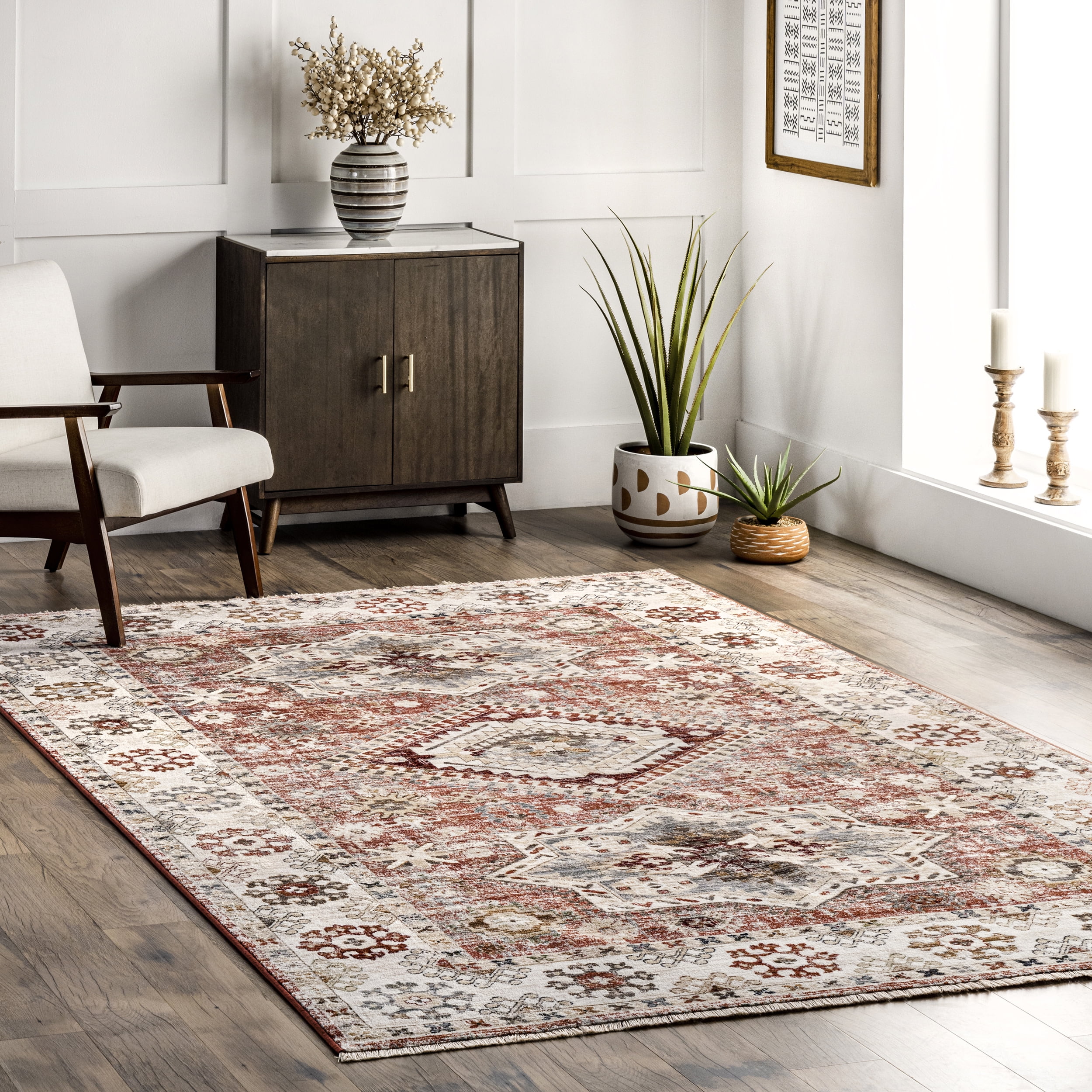 nuLOOM Deandra Distressed Vintage Medallion Bordered Area Rug, 4' x 5 ...