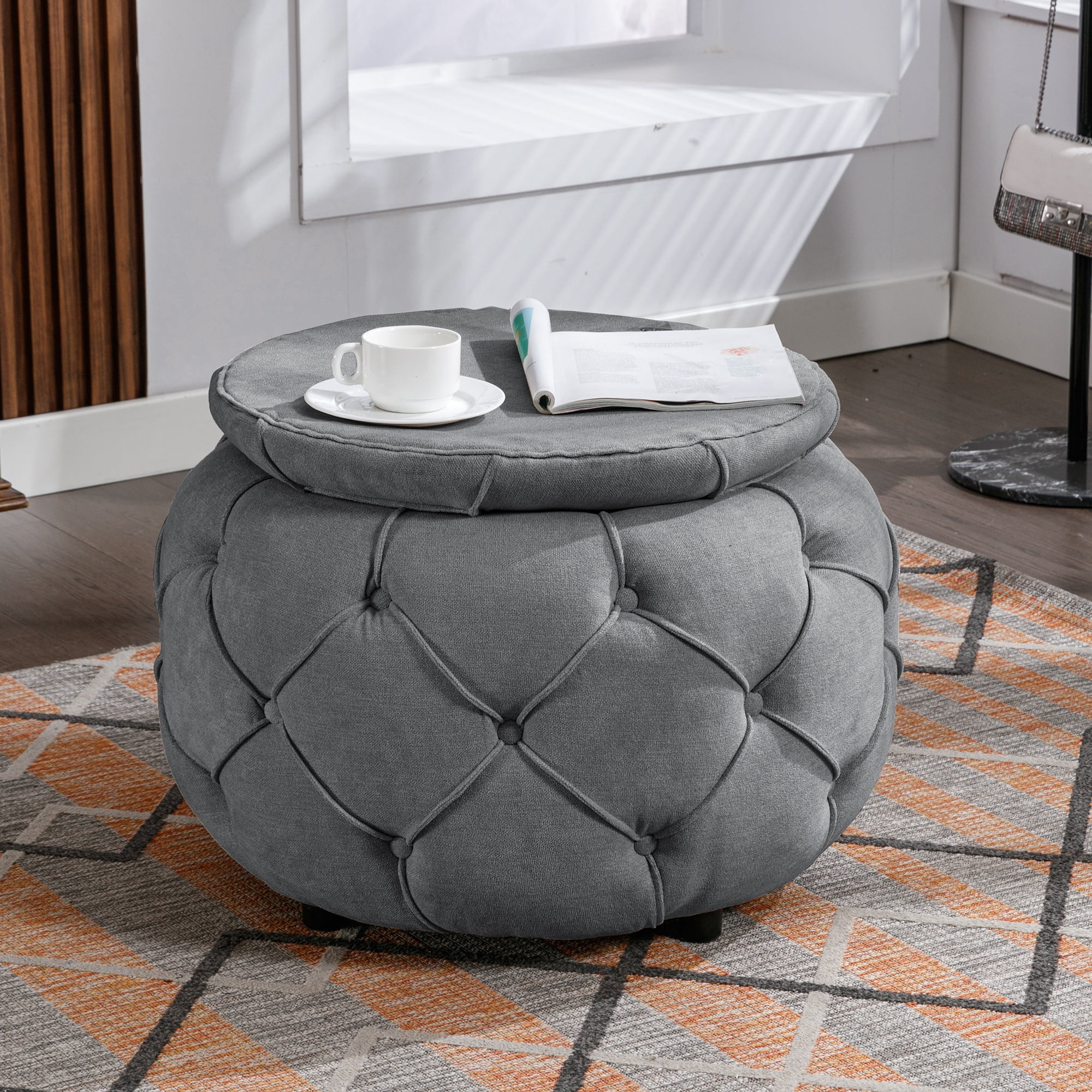 Round Storage Ottoman, Accent Storage Footstool, Large Button Tufted ...