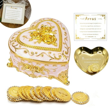 Wedding Arras Set with Heart-Shaped Crystal Box and Decorative Coins ...