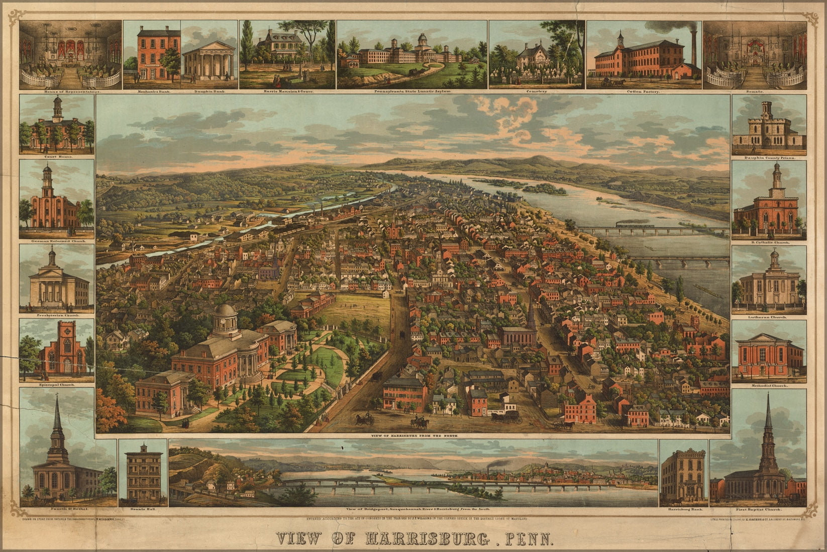 24"x36" Gallery Poster, birdseye view map of Harrisburg, Penn. 1855 ...