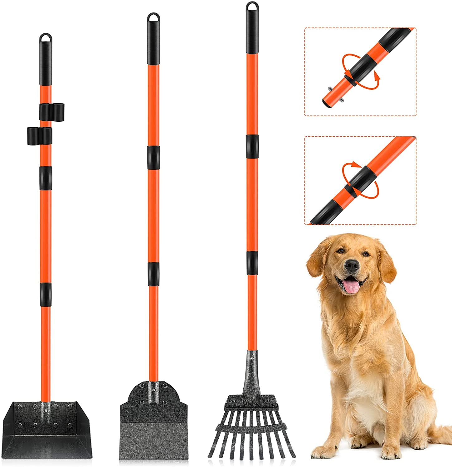 3 Pack Adjustable Long Handle Dog Pooper Scooper with Metal Tray Rake ...