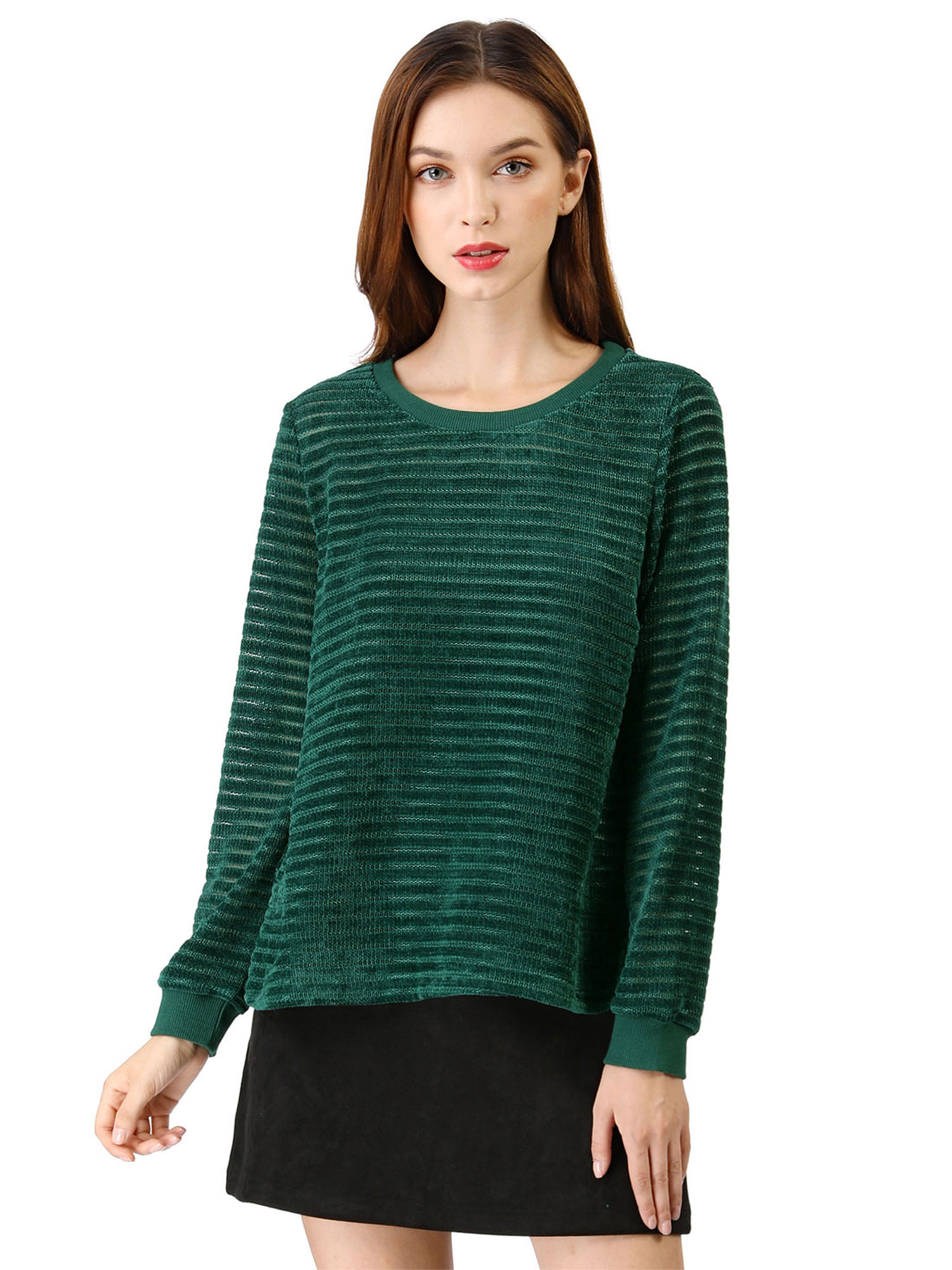 Allegra K Women's Crew Neck Long Sleeves Ribbed Trim Curved Hem Velvet ...