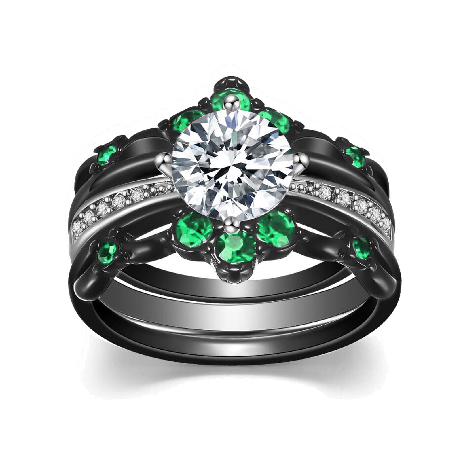 GY Black Gold Plated Green 1CT CZ Women Wedding Ring Sets 3pcs ...
