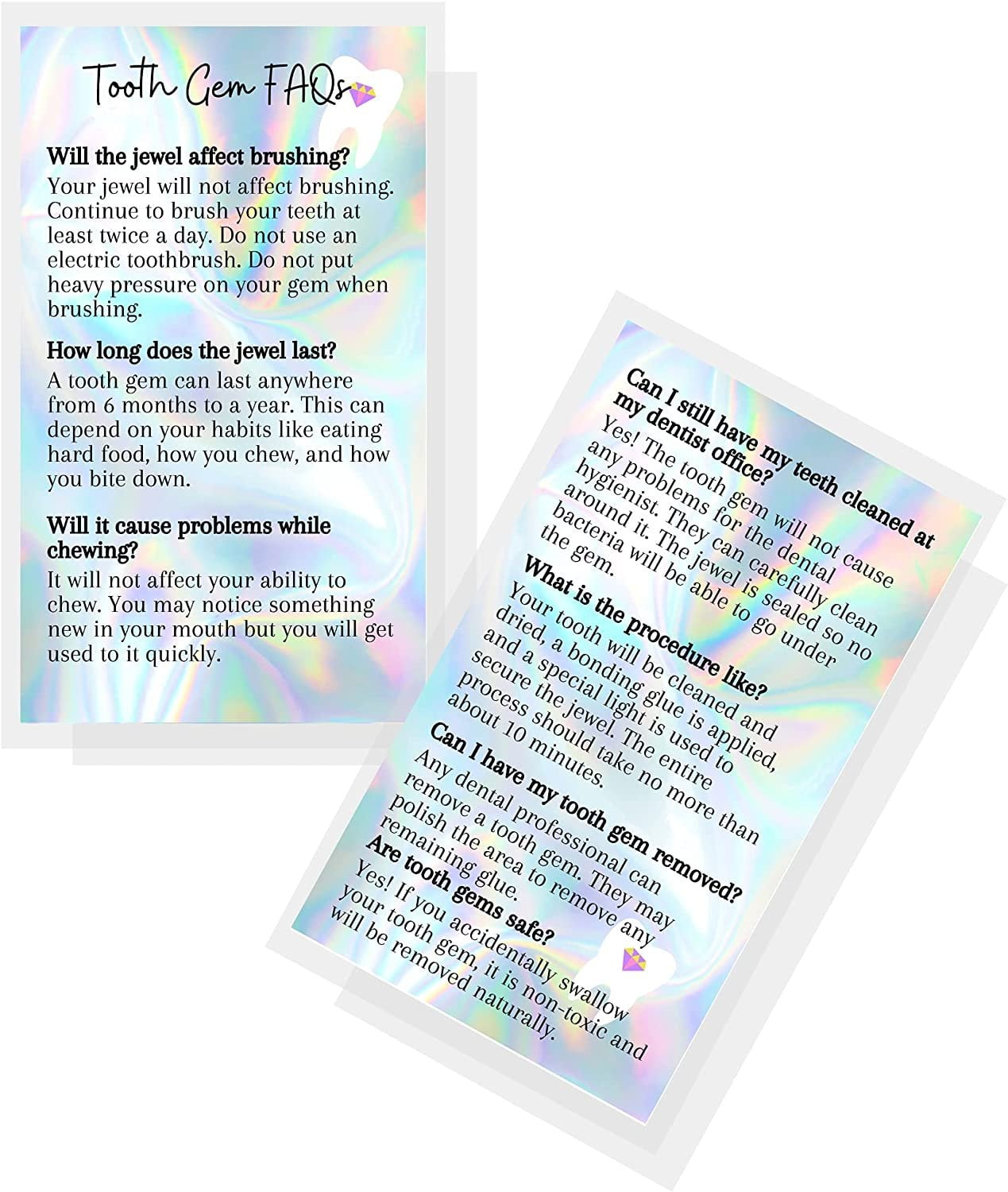 Tooth Gem FAQ Card 50 Pack Size 2x3.5" inch Business Card Matches Tooth ...