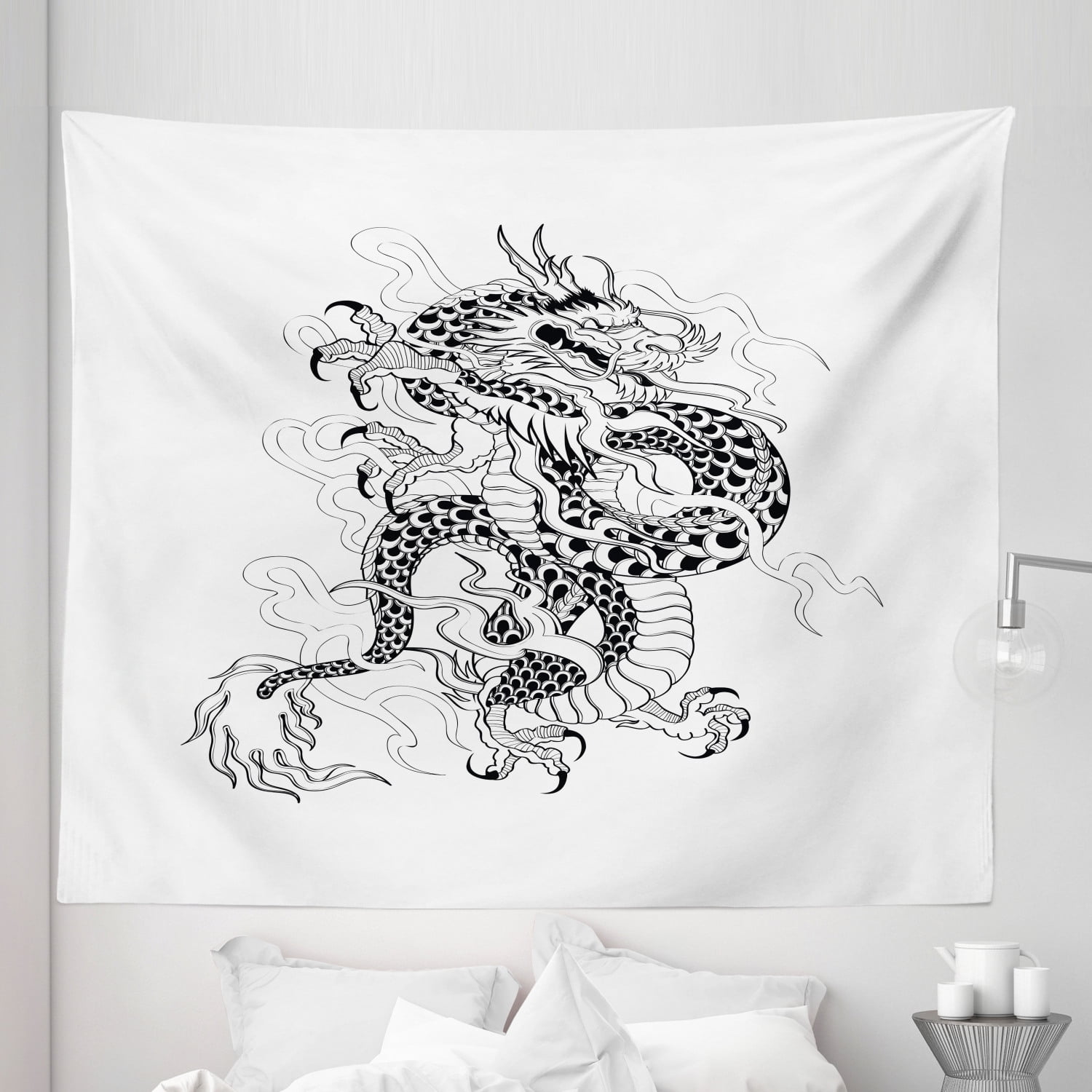 Dragon Tapestry, Sketch Art Style Mighty with Claws Monster Tattoo Art ...