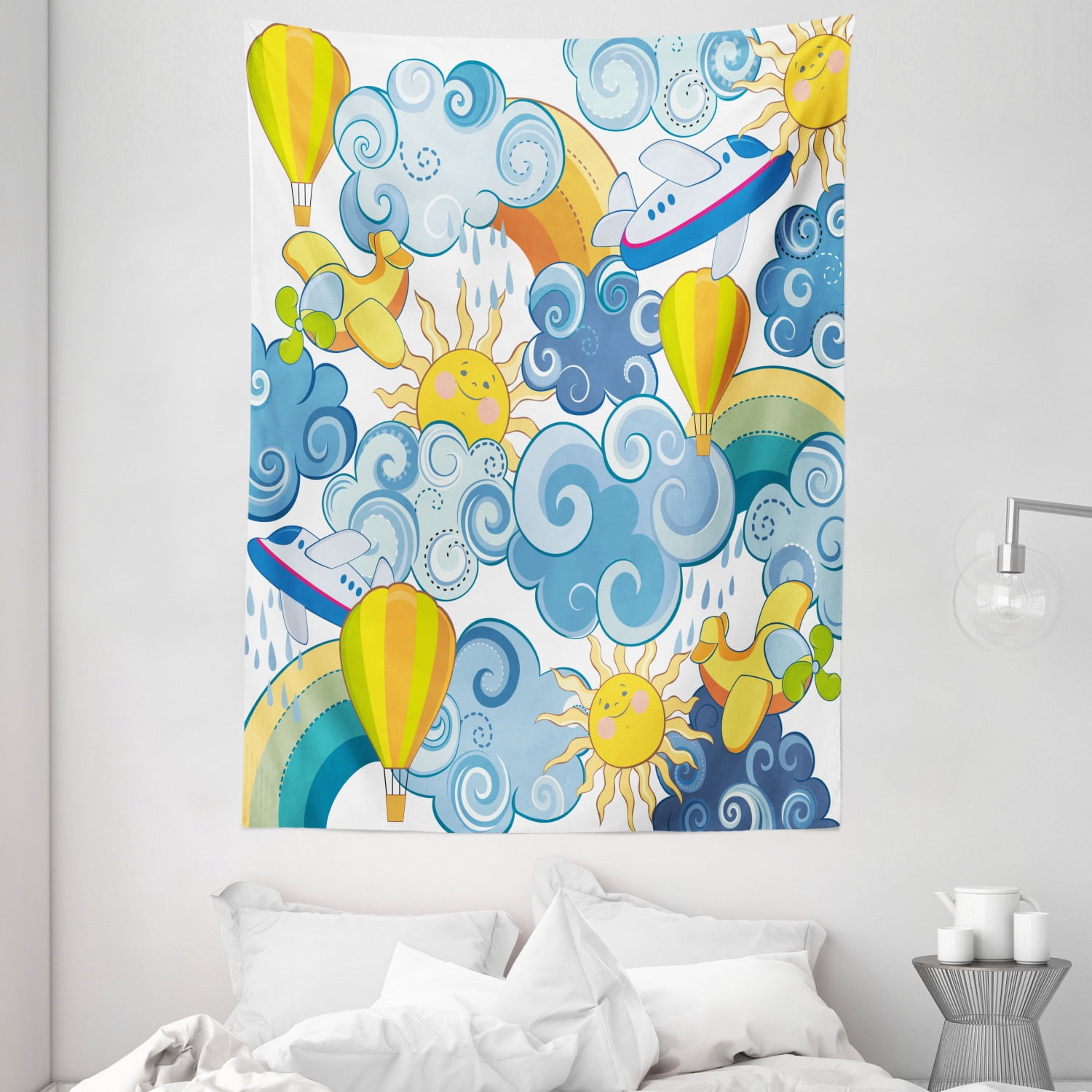 Sky Decor Tapestry, Childrens Theme Clouds Smiling Sun Airplanes and ...