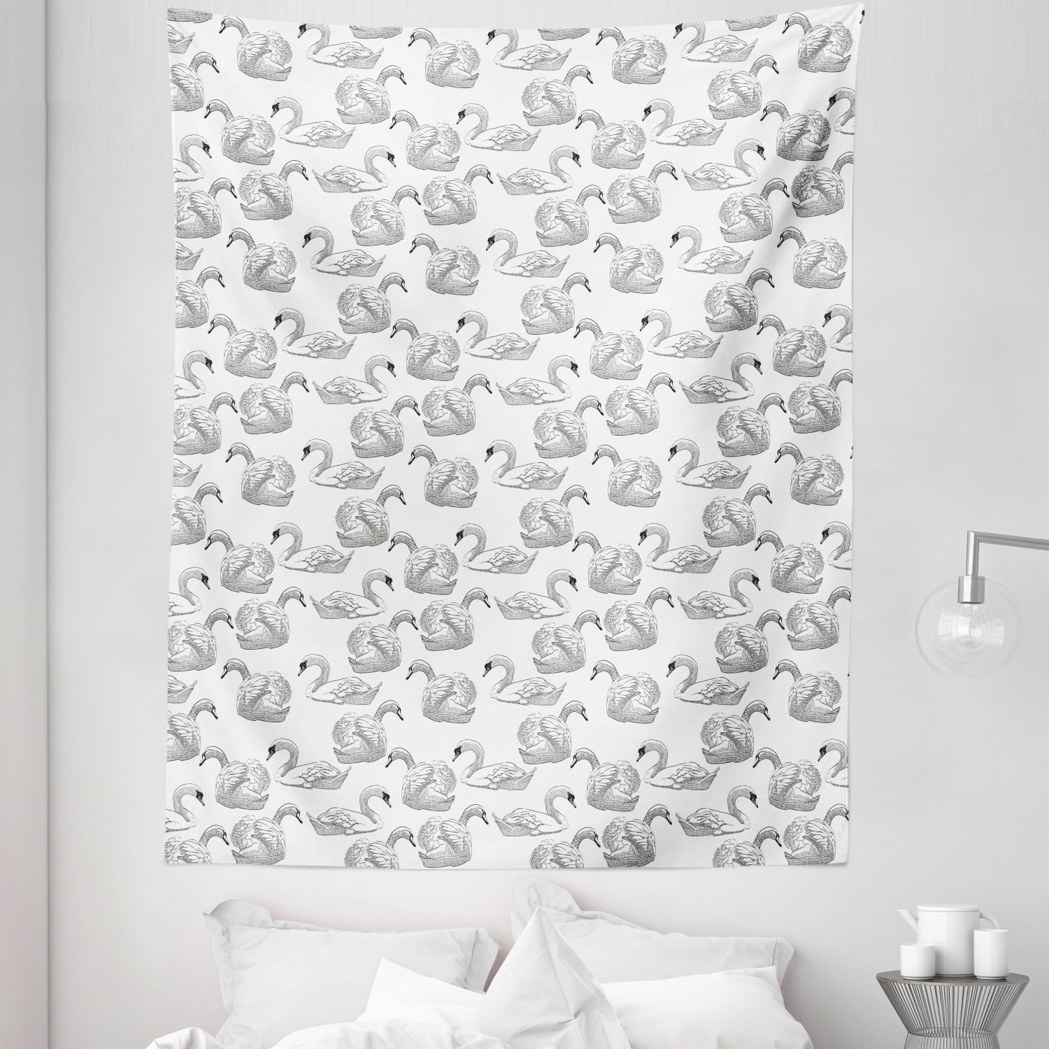 Swan Tapestry, Sketch Art Pattern of Swimming Waterfowls of Gentility ...