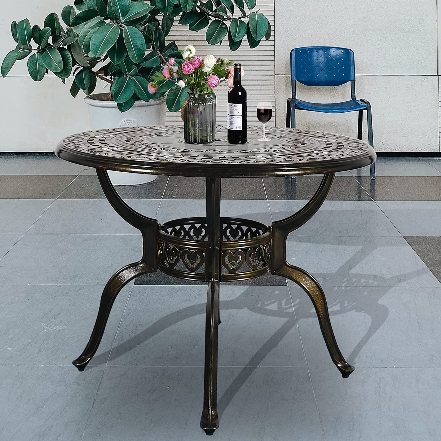 SOCIALCOMFY 38.5 Inch Outdoor Dining Table Round Patio Table Bronze ...