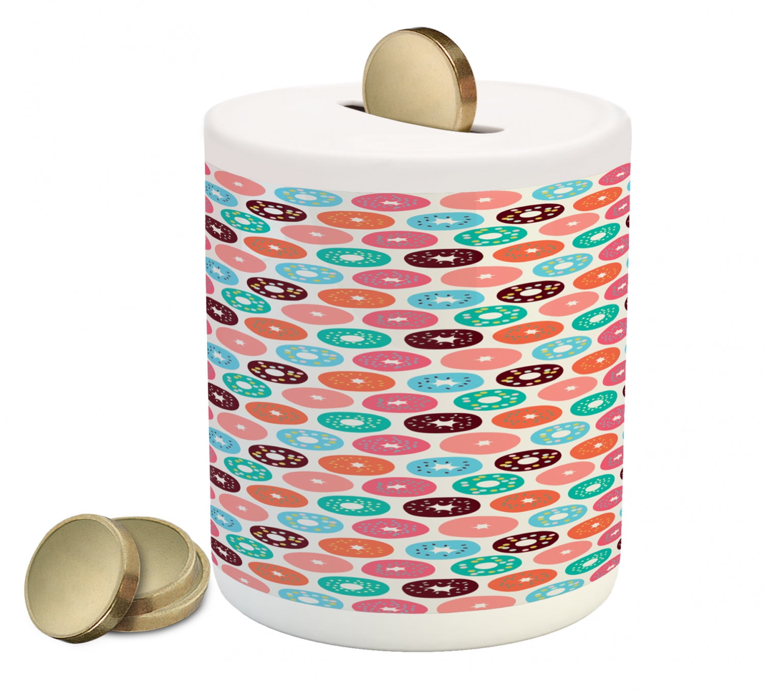 Donut Piggy Bank, Doughnuts and Macarons Colorful Graphic Round Shapes ...