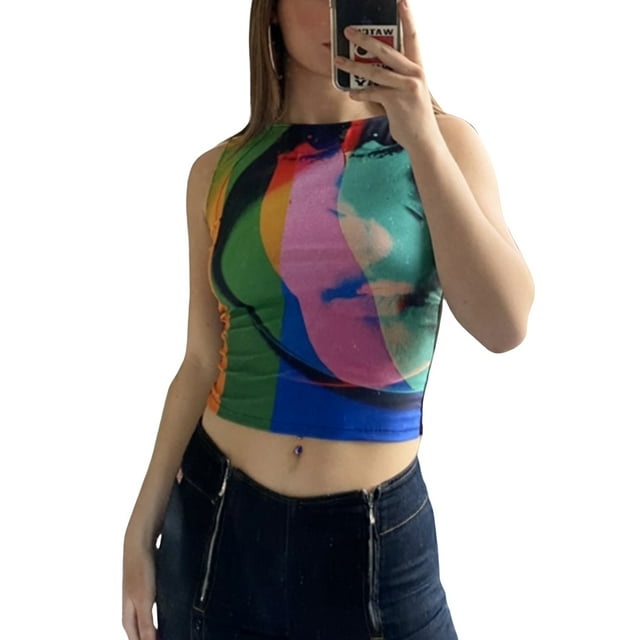 Qiylii Women Face Portrait Print Crop Top Y2k E Girls 90s Sleeveless