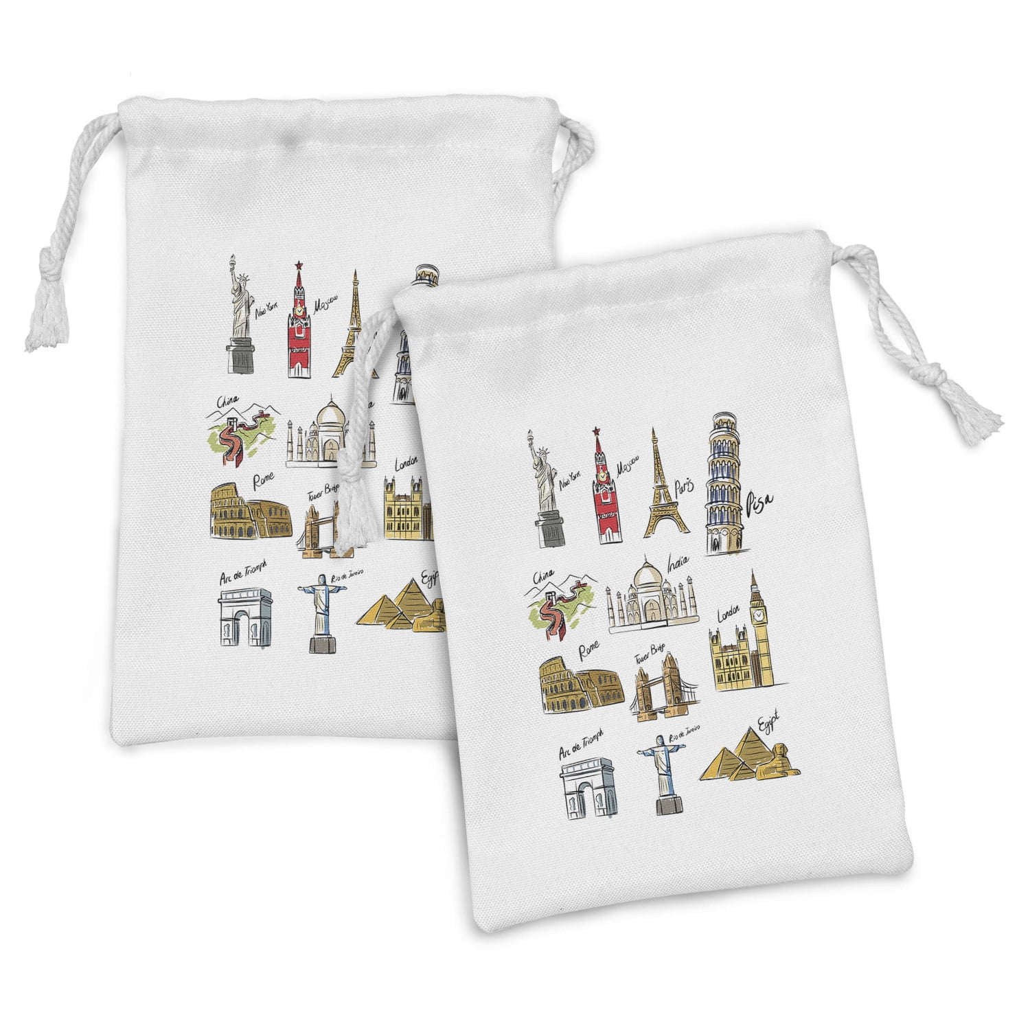 Travel Fabric Pouch Set of 2, World Famous Landmarks Architecture ...